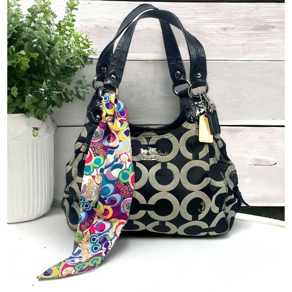 Coach | Bags | Coach Madison Maggie Hobo Black Grey Signature Canvas ...